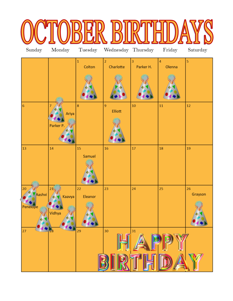 Birthday Calendar – North Wall Schools